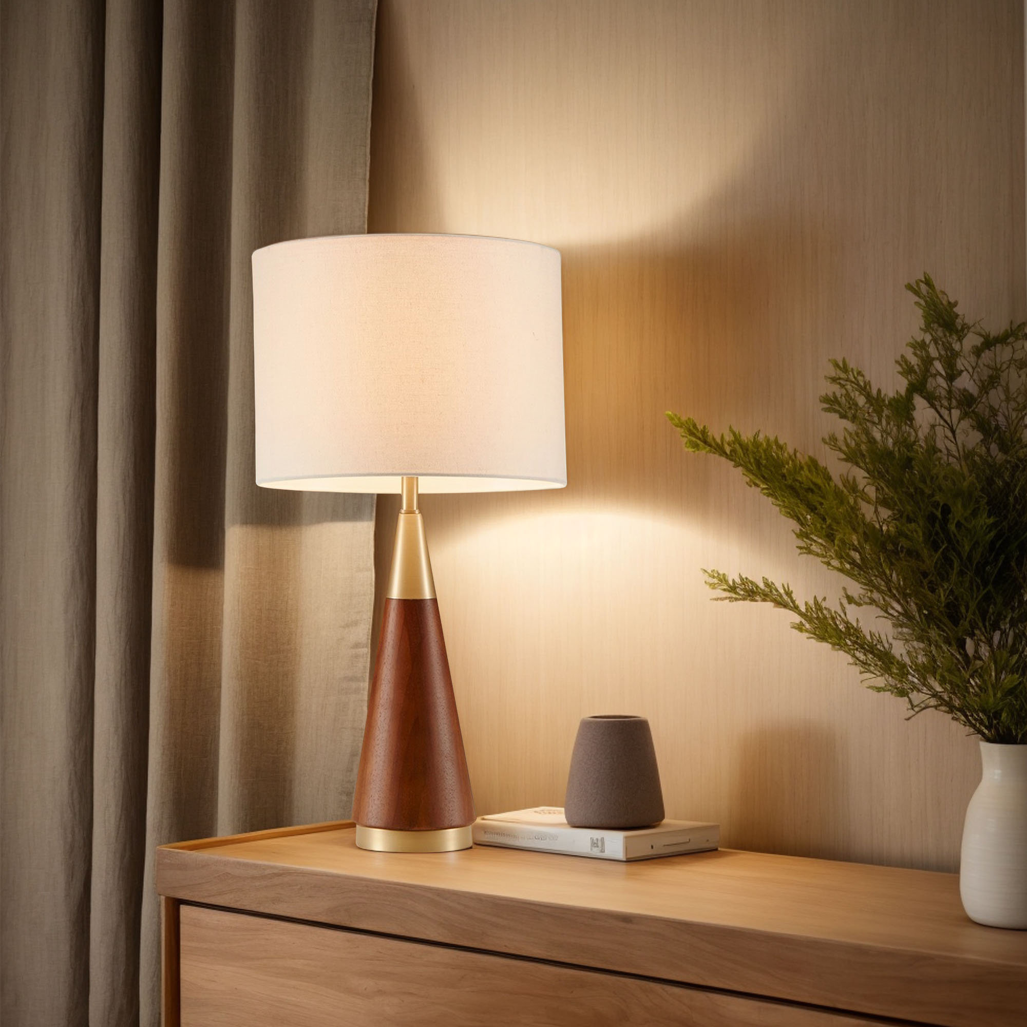 Everly Quinn 26" luxurious and high-end medieval style solid wood brown conical table lamp ...